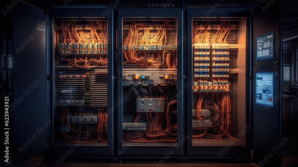 Electrical distribution cabinet. Panel with wires and switches at ...