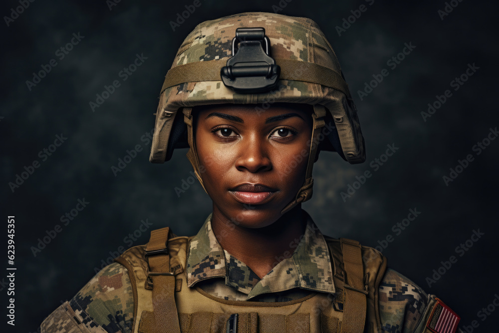 Young black woman wearing military uniform including camouflage ...
