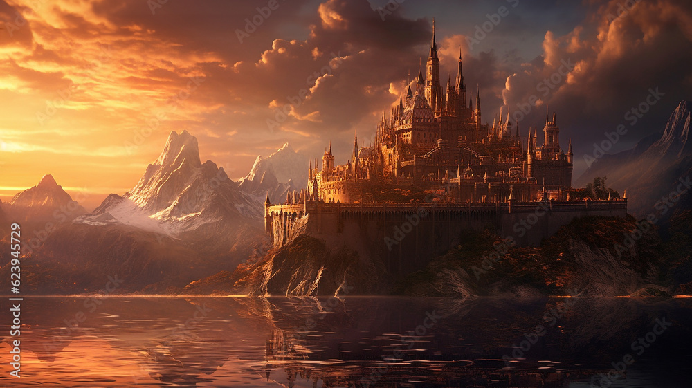 Panoramic fantasy vista with gothic intricate fairytale castle at ...