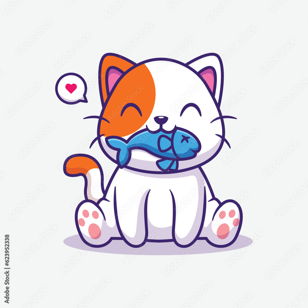 Vetor de vector cute cat bite fish cartoon vector icon illustration ...