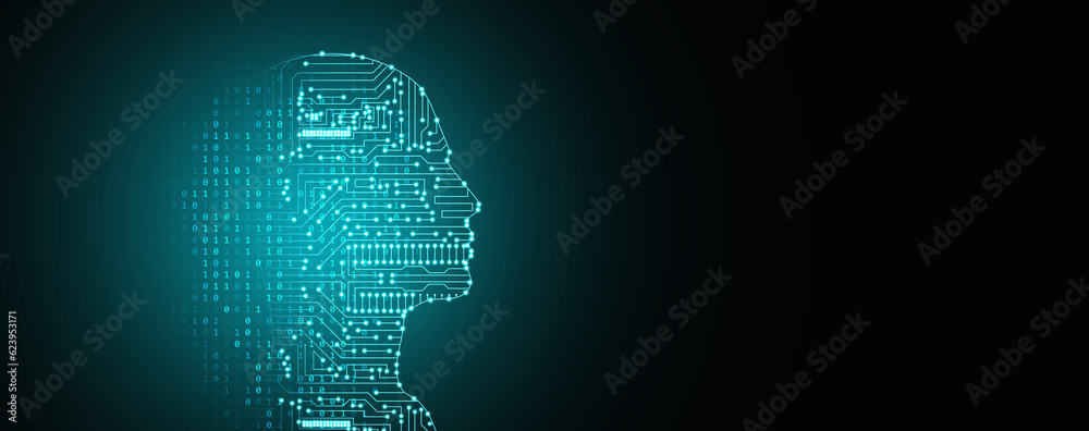 Artificial intelligence. Human face outline with binary code and circuit board patterns. AI and ...