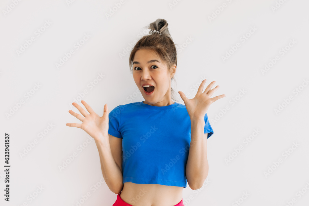 Wow and surprised face of impressed asian woman get a gift isolated on ...