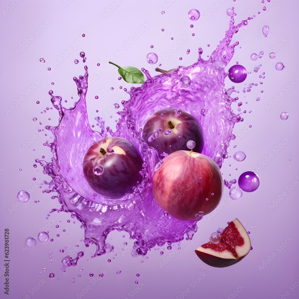 Tropical fruits splashed with water in purple theme commercial ...