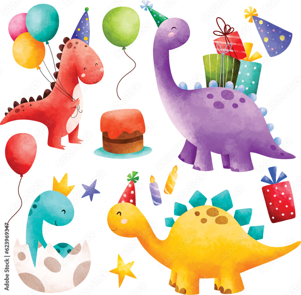 Watercolor illustration set of cute colorful dinosaurs and birthday ...
