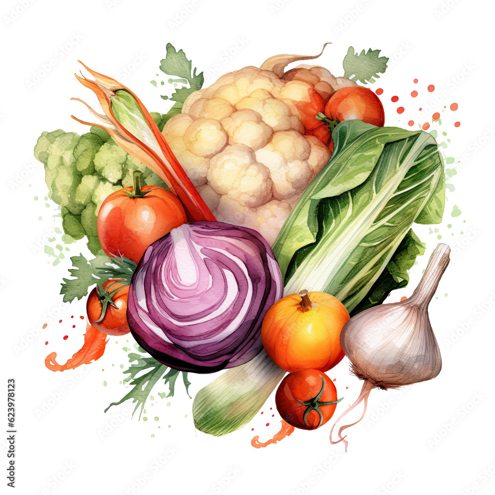 Watercolor vegetables illustration. Heathy food clipart isolated on ...
