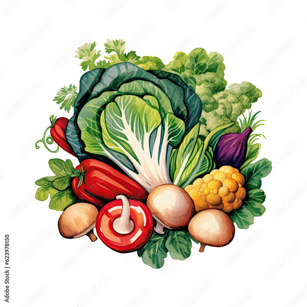 Watercolor vegetables illustration. Heathy food clipart isolated on ...