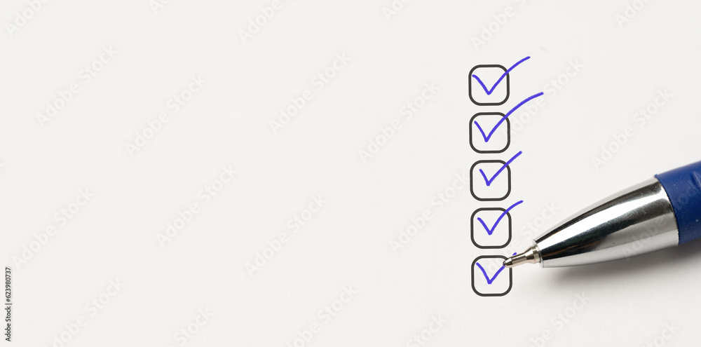 five checkboxes. pen writing check mark on Checklist. Checklist concept ...