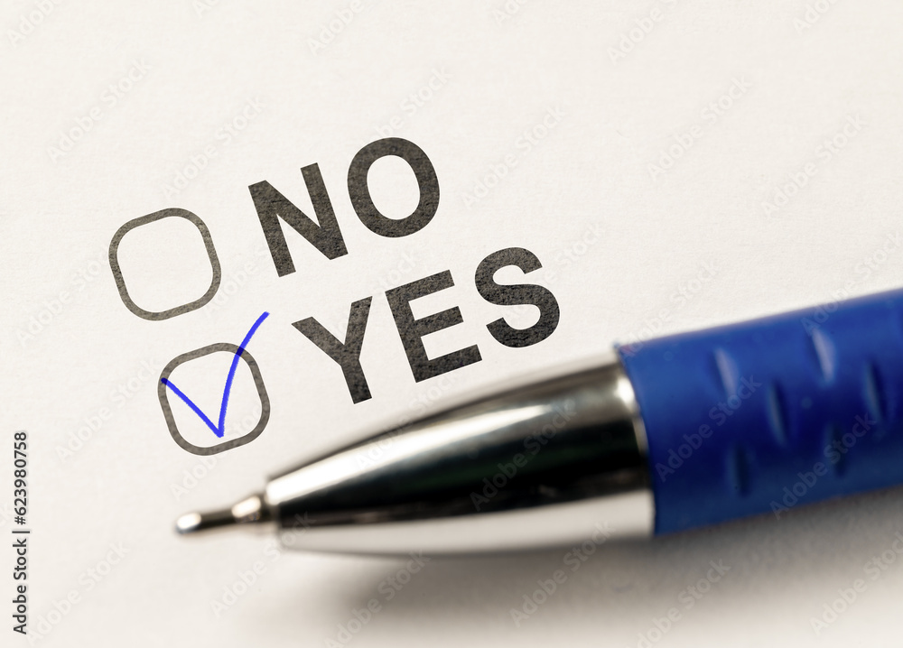 Check boxes yes or no on white paper. checkbox YES. marked with tick ...