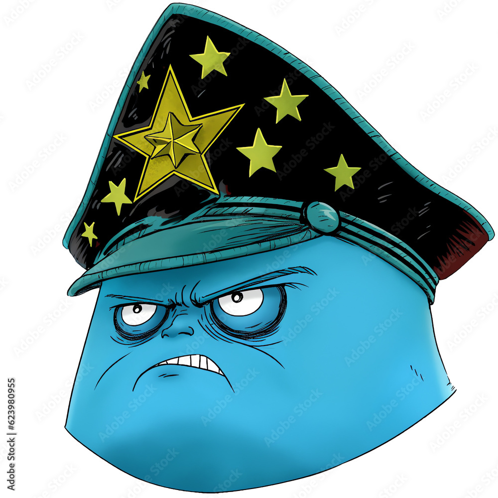 Angry commander blue head face portrait with hat and insignia stars ...