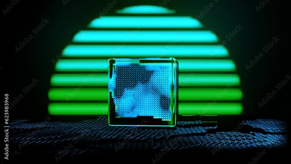 Seamless loop retro wave style rotating cube and grid. Abstract ...