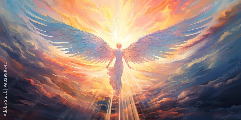 AI Generated. AI Generative. Glowing light flying angel in heaven ...