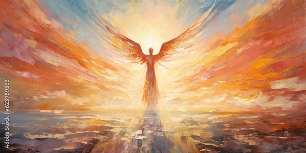 AI Generated. AI Generative. Glowing light flying angel in heaven ...