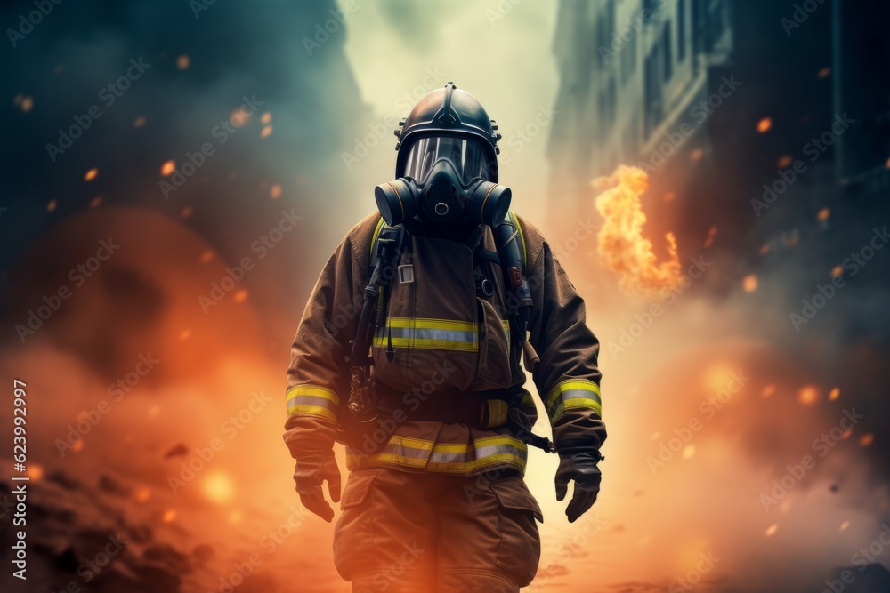 Dynamic Firefighter Man Walking Through Smoke with Gas Mask On ...