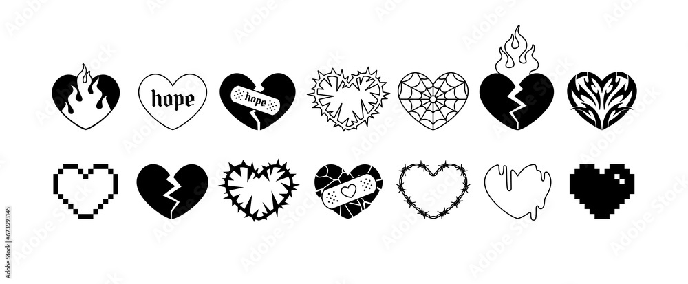 Y2k Gothic Punk Hearts tattoo art stickers. Vector black hearts with ...