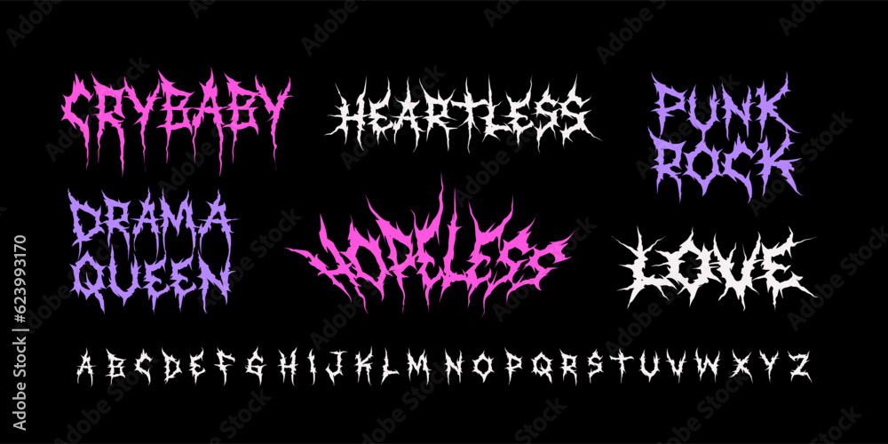 Y2k Gothic Punk Dark Lettering print designs in Aestetic 2000s. Vintage ...