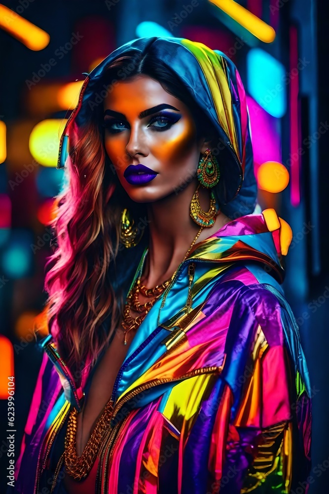 Beautiful Woman Weating Bright Neon Colors In A Nightclub Ai