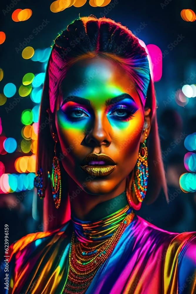 Beautiful Woman Weating Bright Neon Colors In A Nightclub Ai