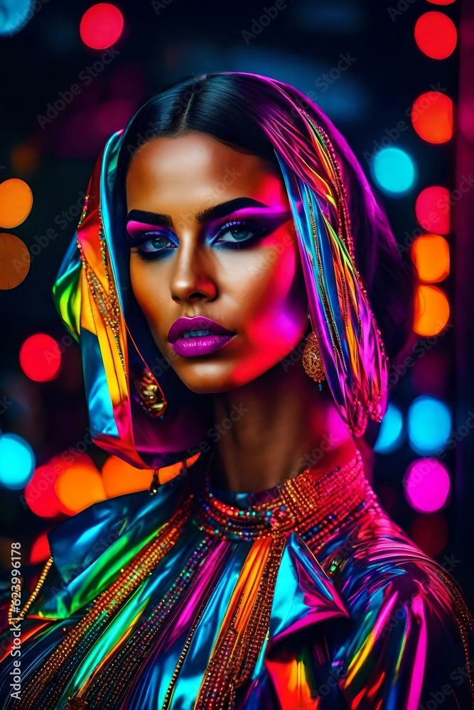 ภาพประกอบสต็อก Beautiful Woman Weating Bright Neon Colors In A