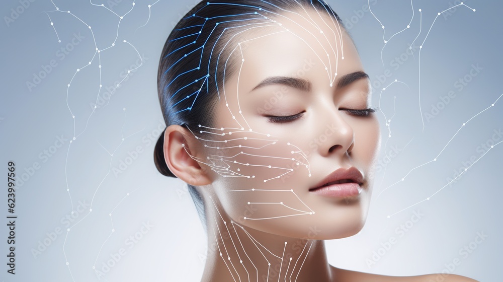 Face lift anti-aging treatment - Asian woman portrait with graphic ...