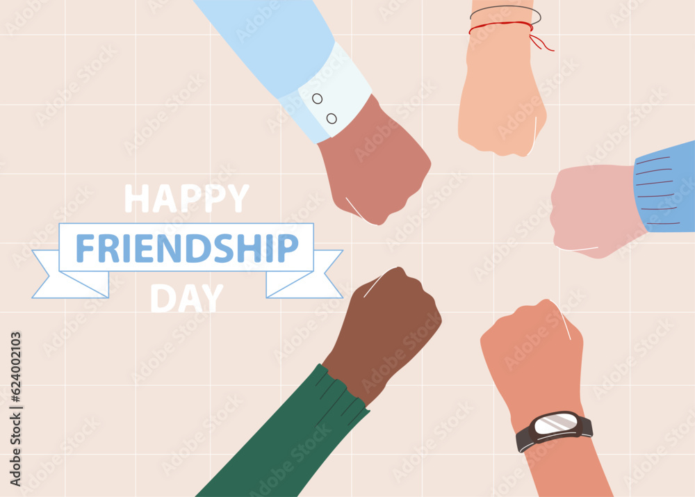 Happy Friendship Day illustration banner. Friends with stack of hands ...