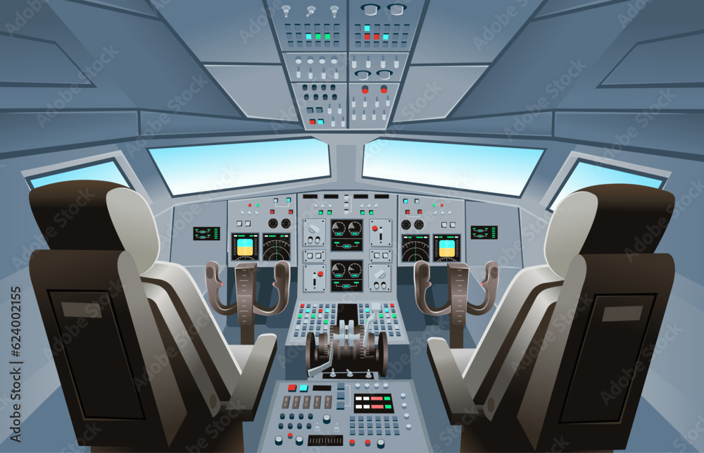 Airplane cockpit view with panel buttons, dashboard control and pilot's ...