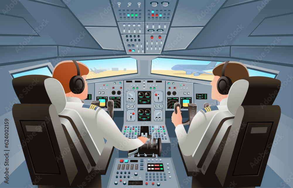 Airplane cockpit view with panel buttons, dashboard control and pilot's ...
