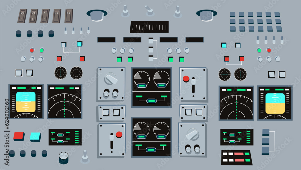 Control panel with buttons. Spaceship cockpit control panel, dashboard ...