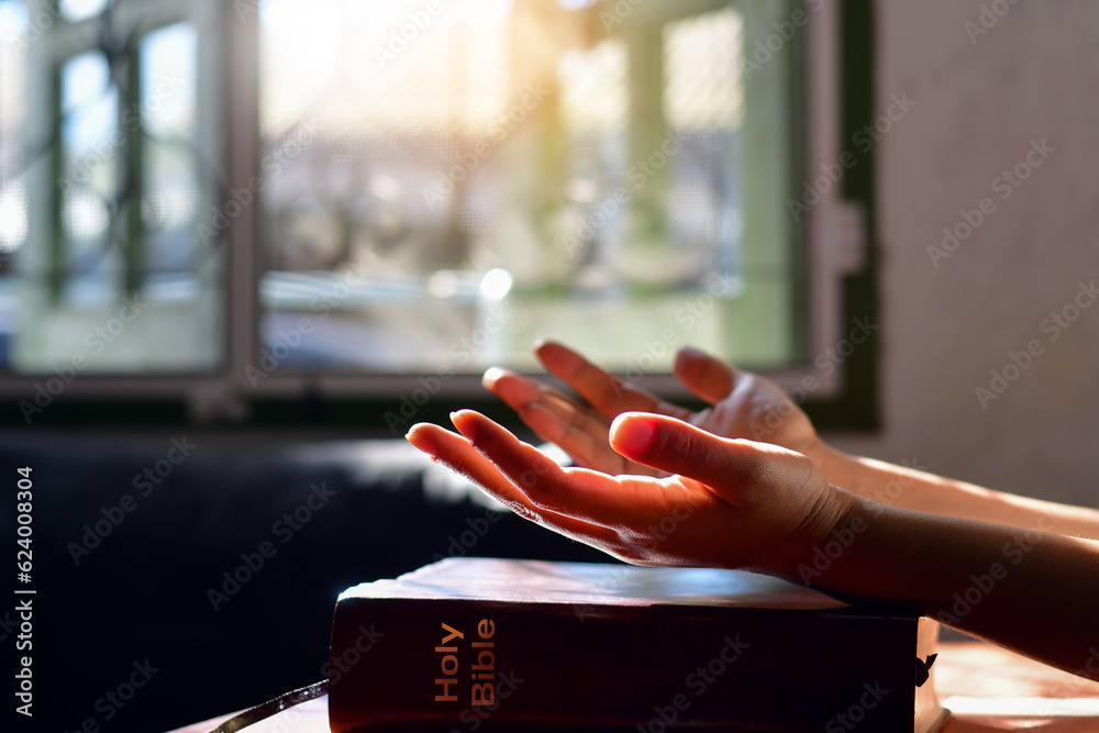 Woman hand prayer god faith holy worship. the divine blessing of the ...