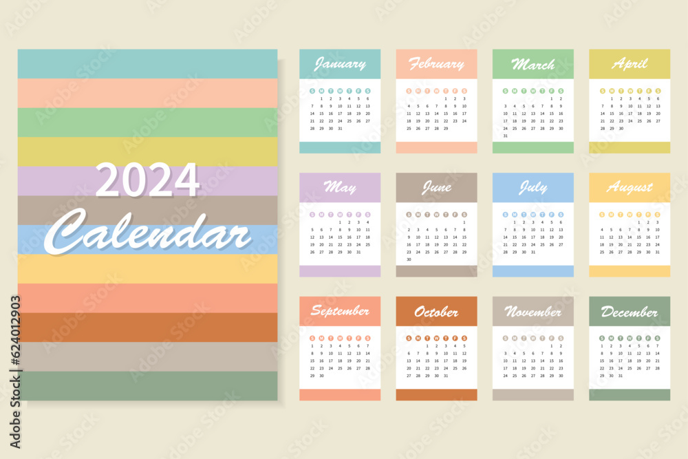 Color calendar for 2024. The week starts on Sunday. Organizer's ...