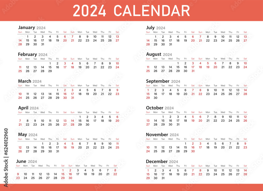 Calendar template for 2024. The week starts on Sunday. Diary planner ...
