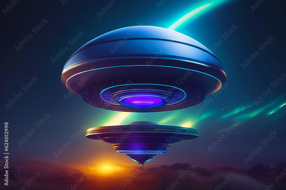 UFO flying over planet Earth, mountain. starry night sky background ...