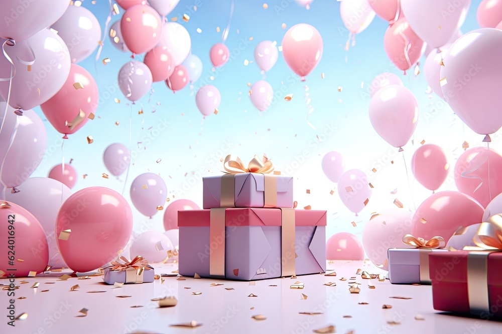 Gift boxes with pink balloons and confetti. 3d rendering, 3d render of birthday background with ...