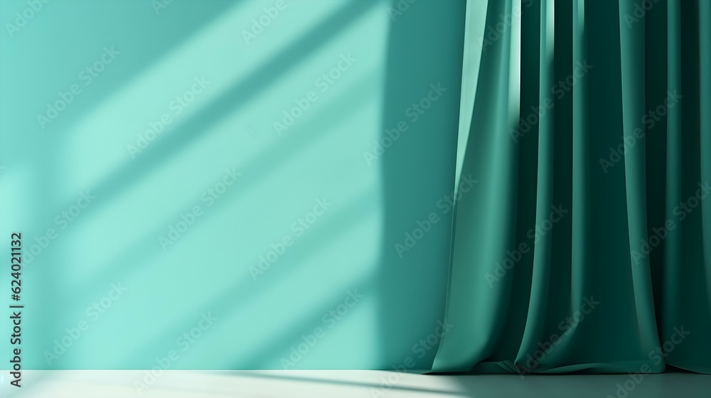 Elegant Room with Curtains in cyan Colors and Shadow of Windows. Studio ...