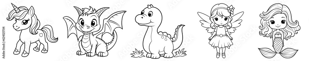 Magic fantasy creatures - cute Unicorn, Dragon, Dinosaur, Fairy and ...