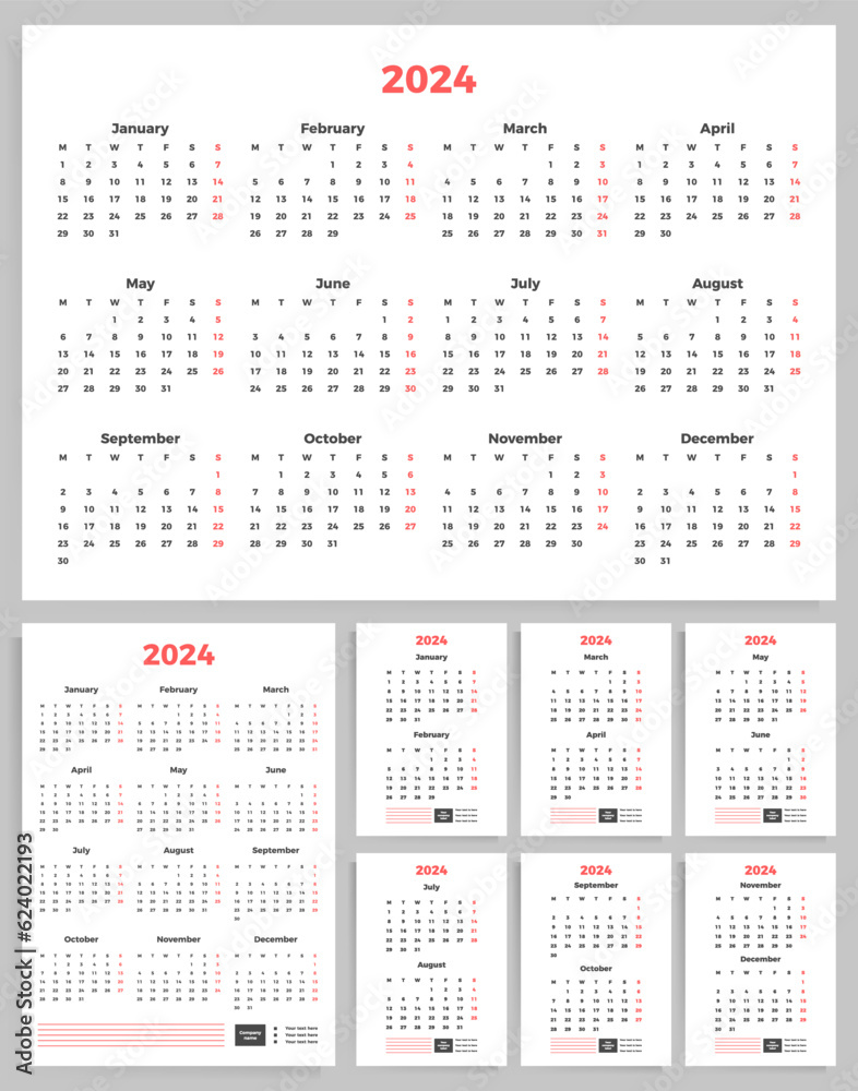 Calendar 2024 year. Variants of sets of vector templates for calendars ...