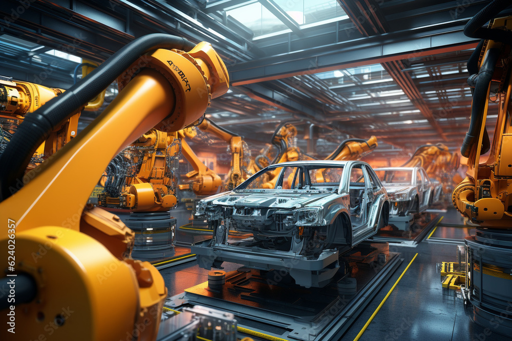 Assembly shop of automotive engineering production. Robotic machines ...