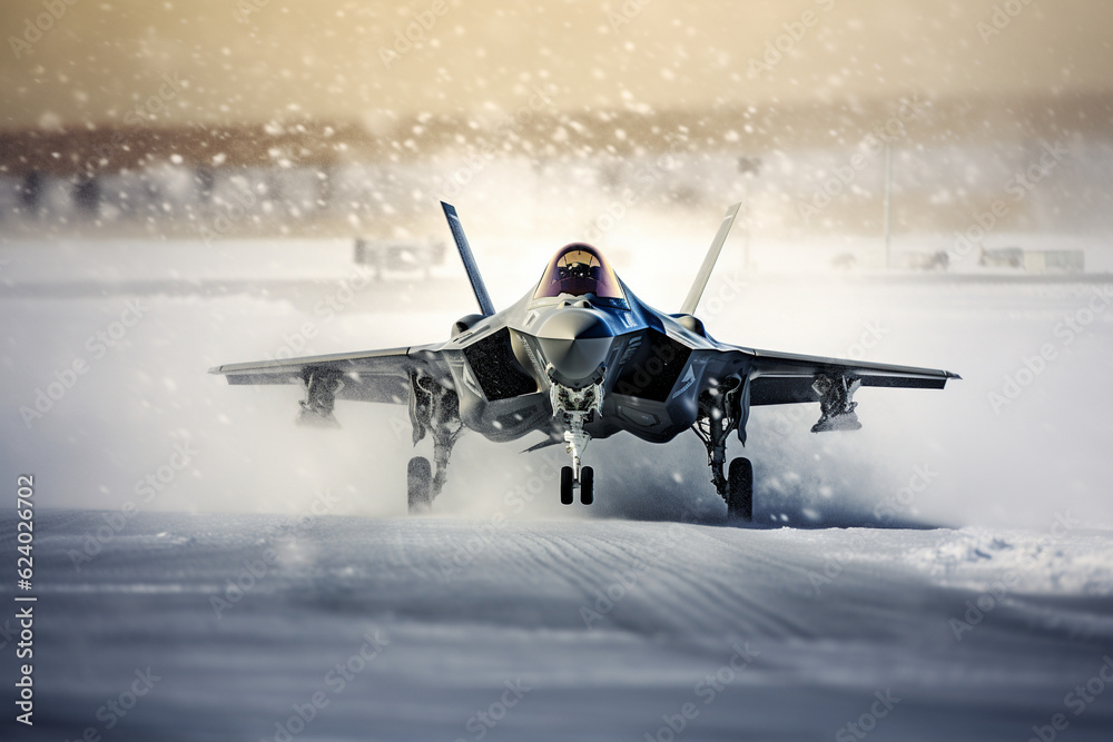 Military aircraft Fighter Maneuvering in a Winter Snowstorm. AI ...