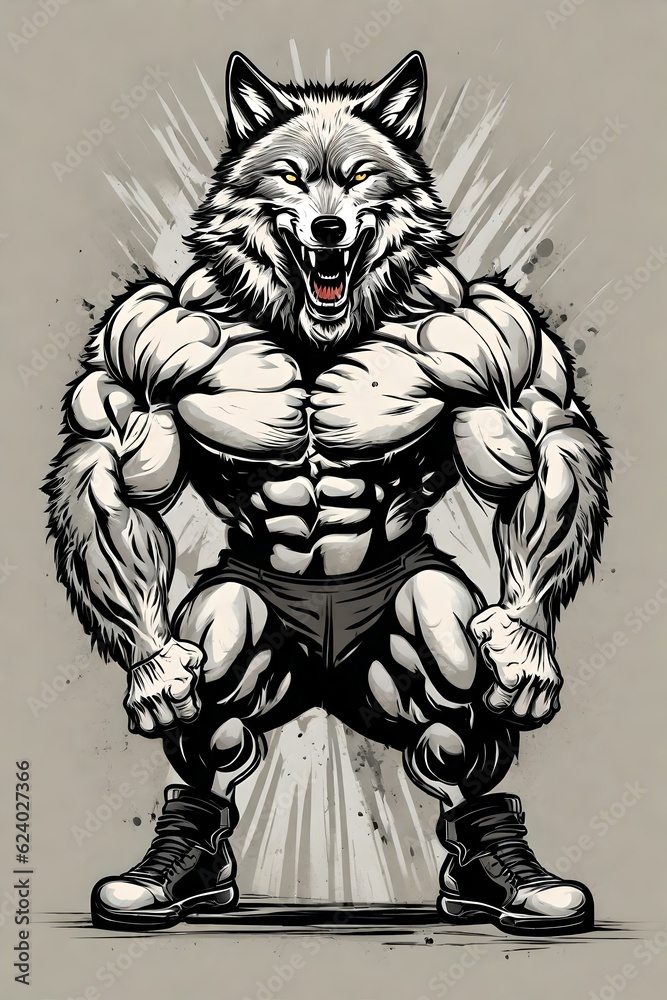 Cartoon illustration on a wolf head with bodybuilders body. (AI ...
