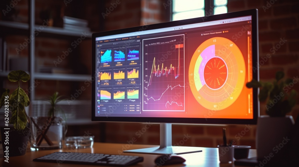 The side view of a computer screen displaying multiple financial ...