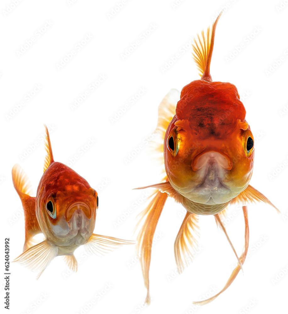 Orange cold water fish and goldfish swimming facing front, looking at ...