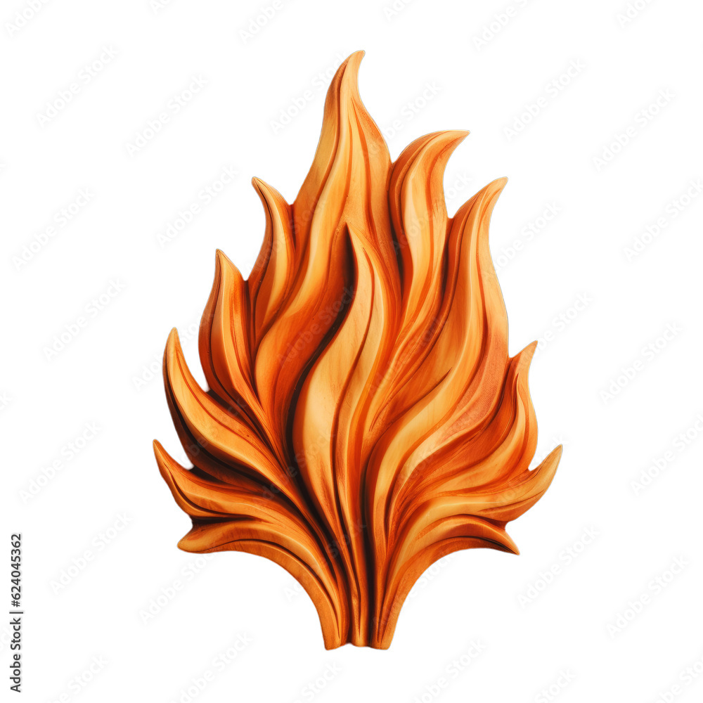 Intricate wood carving of a flame, fire isolated on a transparent ...