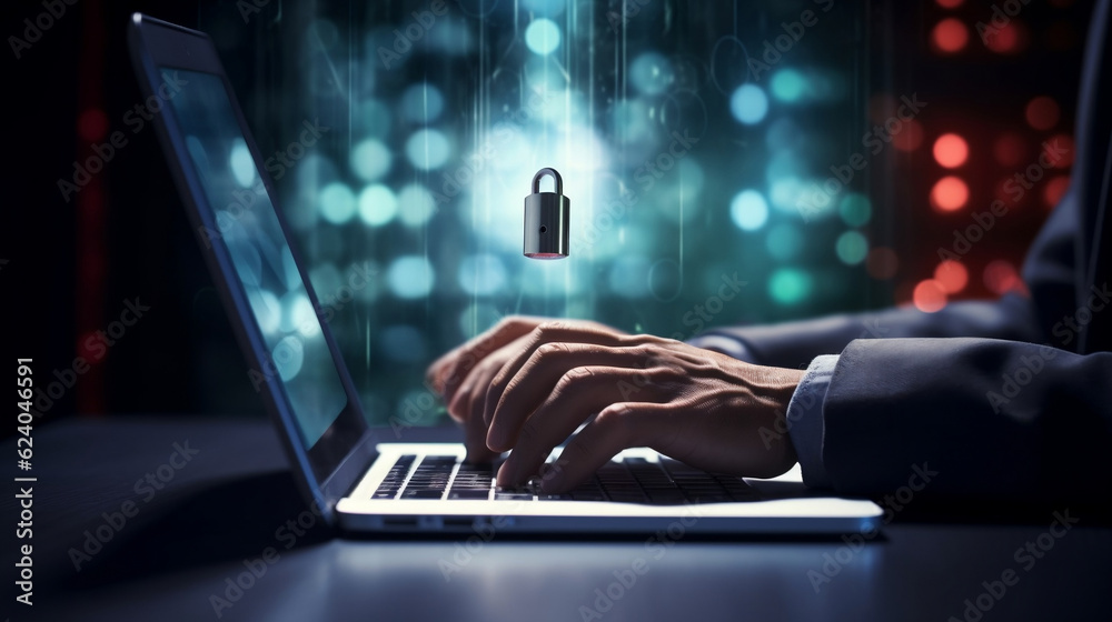 Businessman typing on keyboard laptop computer to input username and password for technology ...