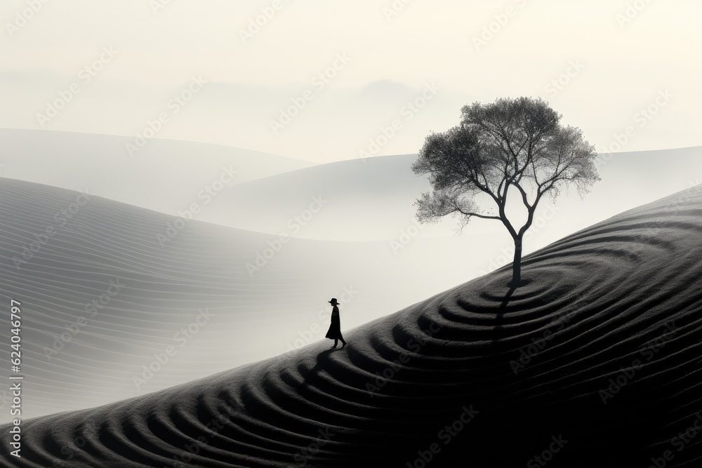 Paysage en noir et blanc, paisible et calme avec des dunes et un arbre ...