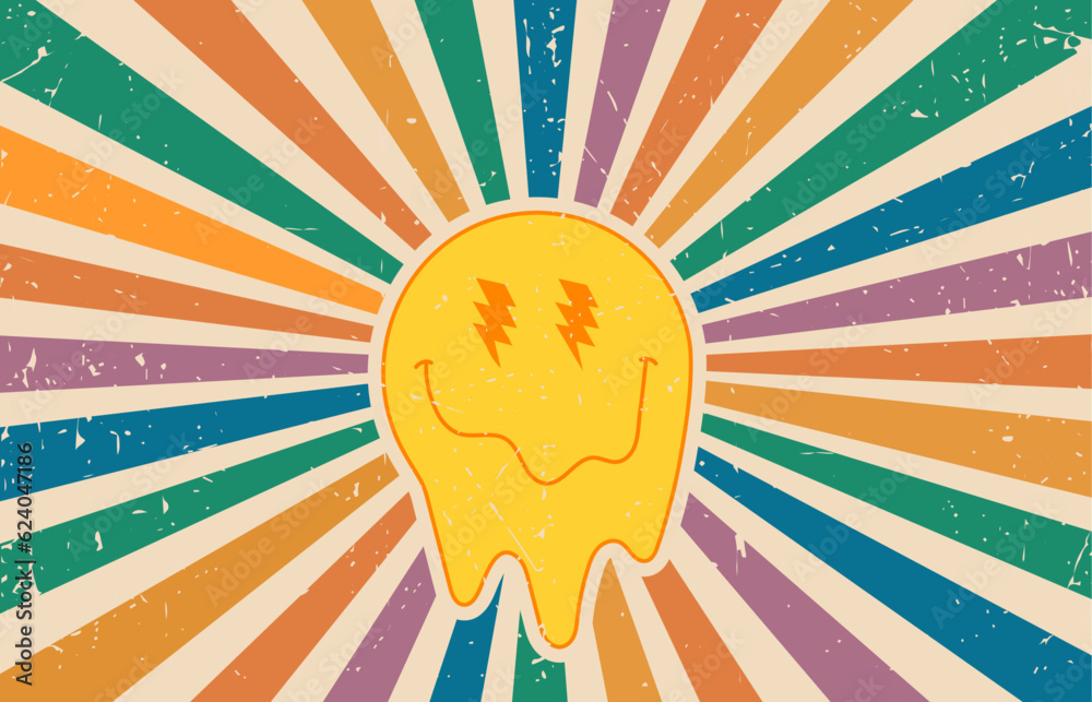 Trippy smiley face on retro background, retro Sun wall art, retro ...