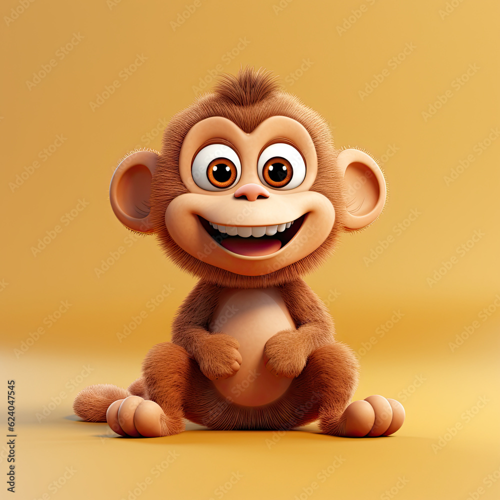 Cute Monkey, 3d cartoon, big eyes, friendly, solid background ...