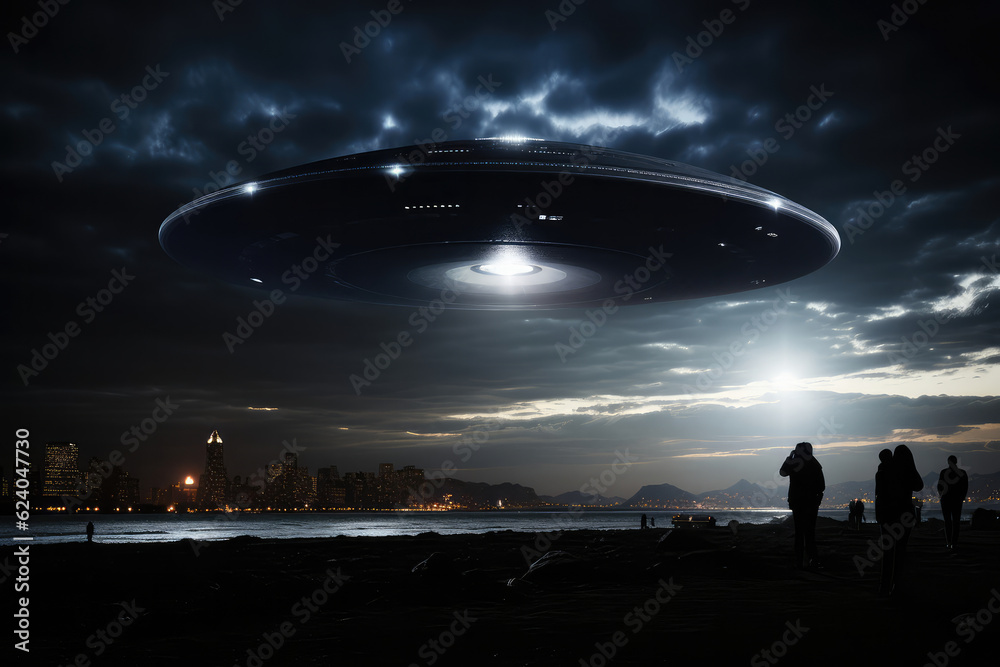Hyperrealistic depiction of an alien spacecraft hovering above a ...