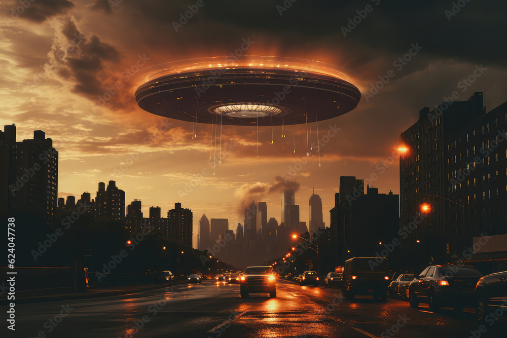 Hyperrealistic depiction of an alien spacecraft hovering above a ...