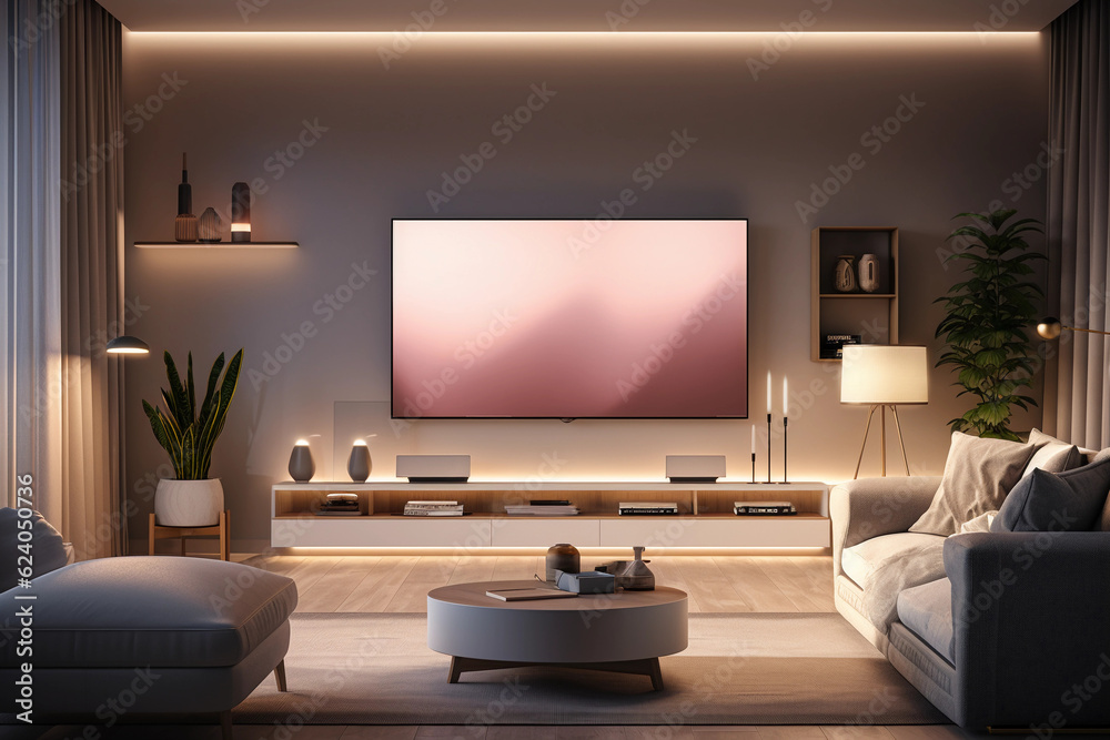 a modern living room illuminated by ambient smart home technology ...