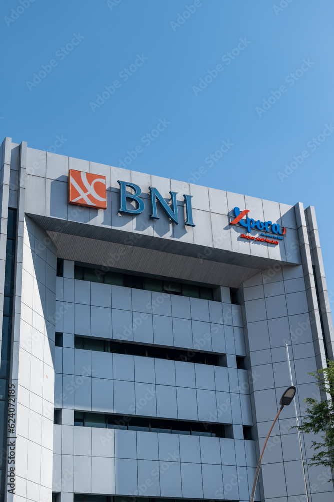 Surabaya, Indonesia - 07.15.2023: BNI, Bank Negara Indonesia, building with logo in Indonesia ...