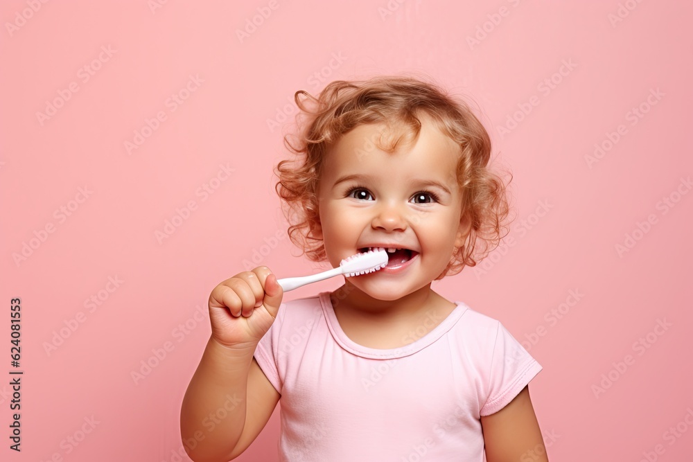 Happy smiling child kid girl brushing teeth with toothbrush on pink ...